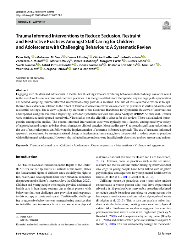 (PDF) Trauma Informed Interventions to Reduce Seclusion, Restraint and Restrictive Practices ...