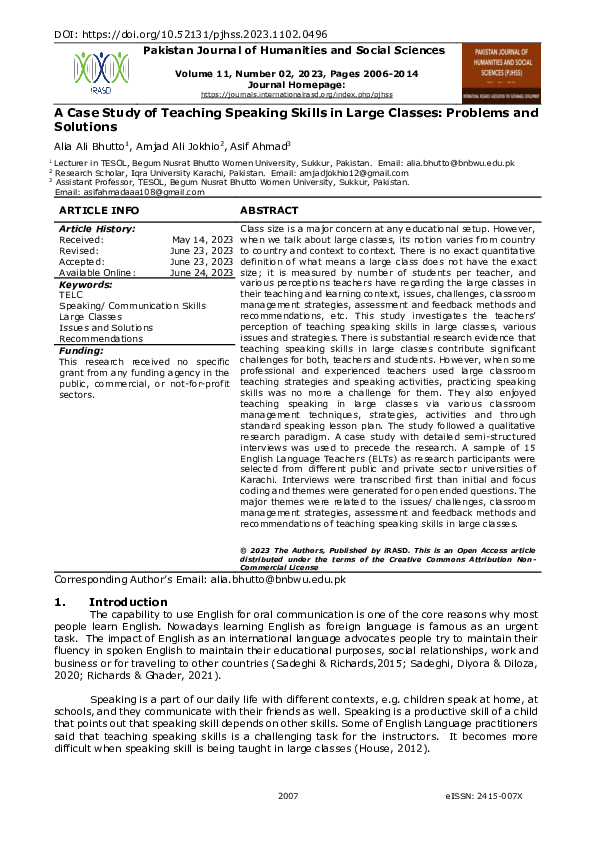 (PDF) A Case Study of Teaching Speaking Skills in Large Classes: Problems and Solutions