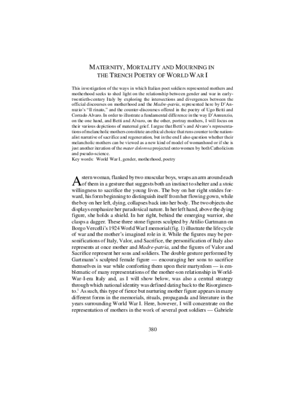 (PDF) Maternity, Mortality and Mourning in the Trench Poetry of World War I