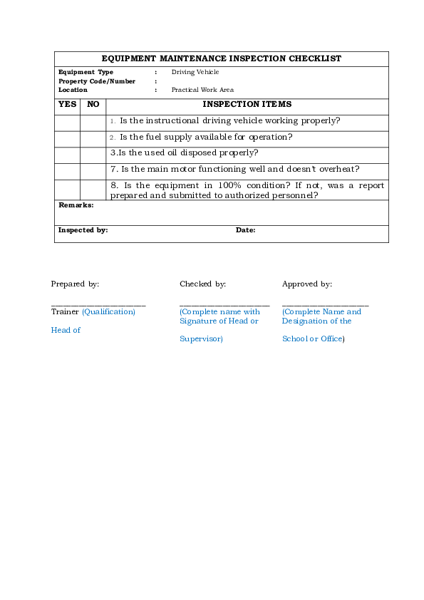 (DOC) EQUIPMENT MAINTENANCE INSPECTION CHECKLIST
