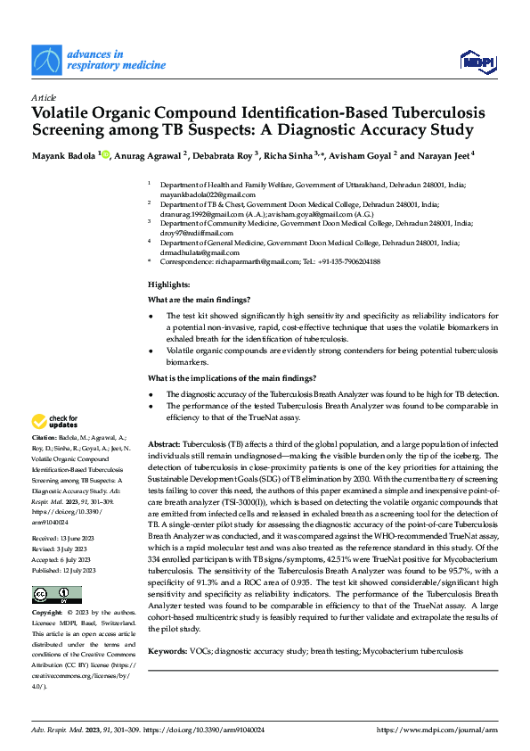 (PDF) Volatile Organic Compound Identification-Based Tuberculosis Screening among TB Suspects: A ...