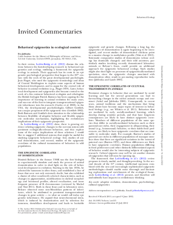 (PDF) Behavioral epigenetics in ecological context | Eva Jablonka - Academia.edu