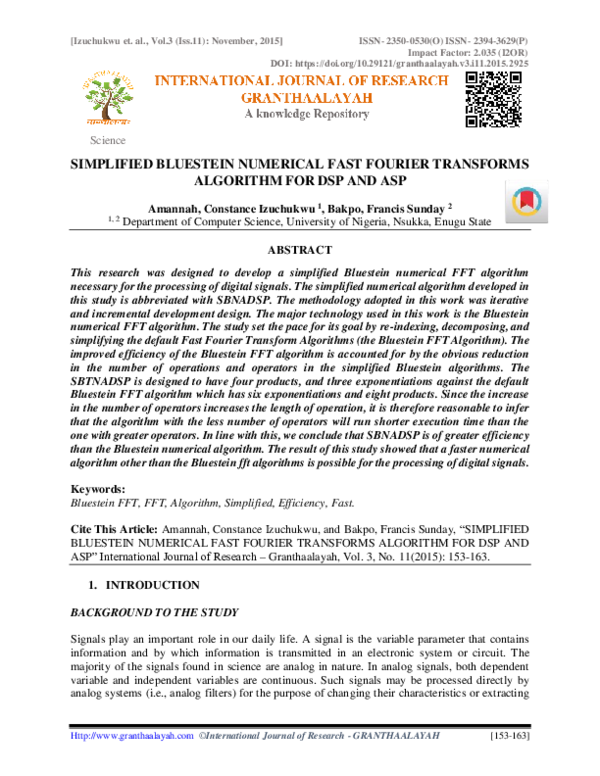(PDF) Simplified Bluestein Numerical Fast Fourier Transforms Algorithm for DSP and Asp