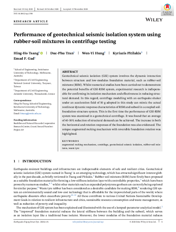 (PDF) Performance of geotechnical seismic isolation system using rubber‐soil mixtures in ...