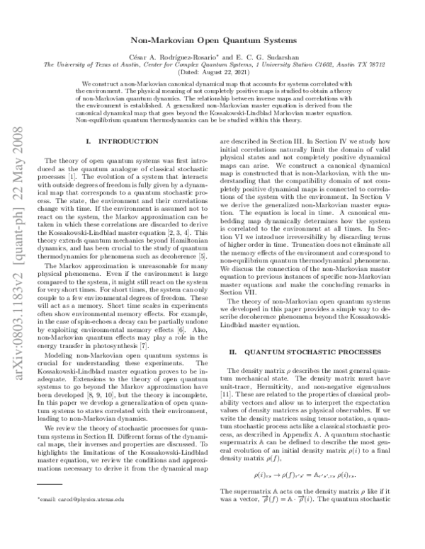 (PDF) Non-Markovian Open Quantum Systems