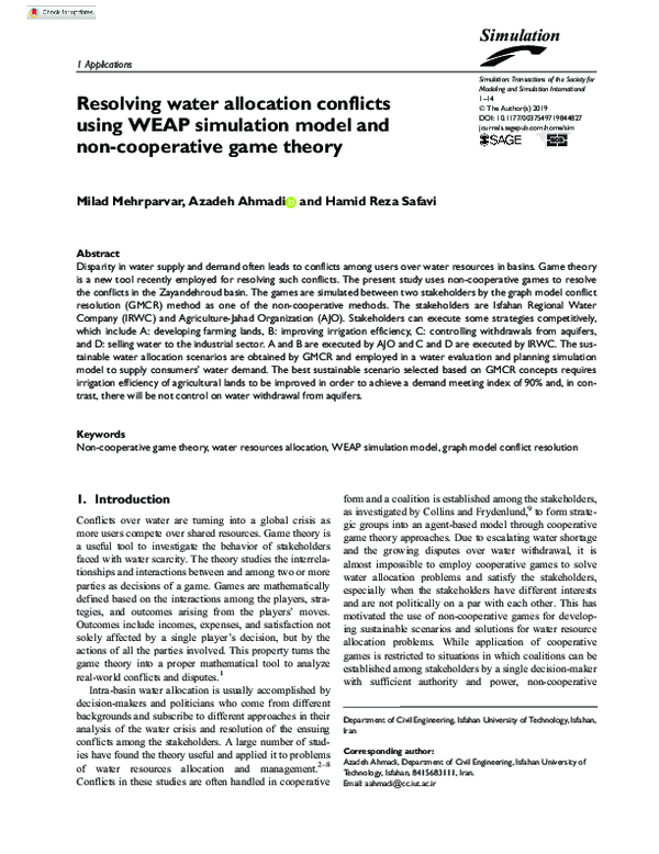 (PDF) Resolving water allocation conflicts using WEAP simulation model and non-cooperative game ...