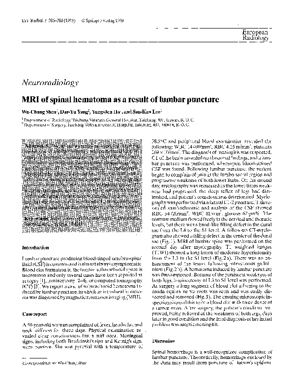 (PDF) MRI of spinal hematoma as a result of lumbar puncture | San-Kan ...