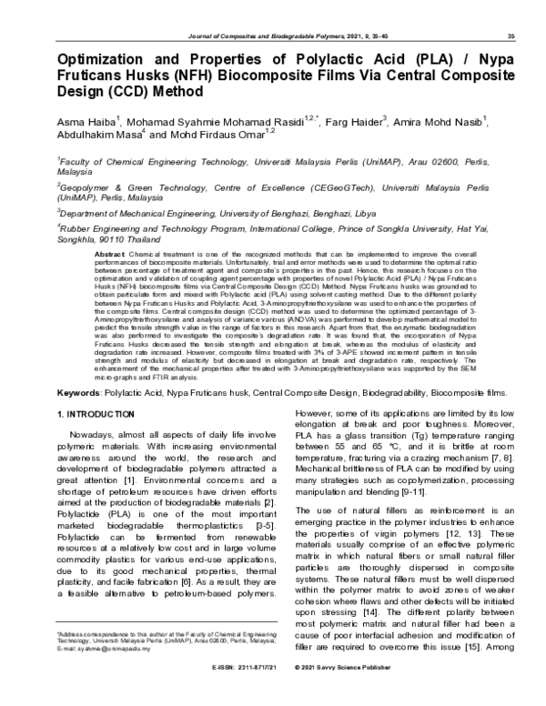 (PDF) Optimization and Properties of Polylactic Acid (PLA) / Nypa Fruticans Husks (NFH ...