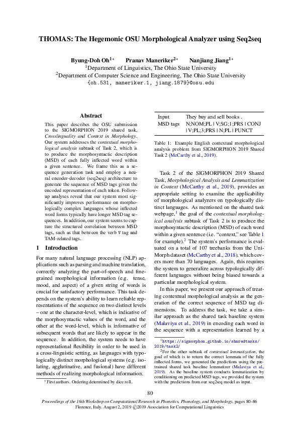 (PDF) THOMAS: The Hegemonic OSU Morphological Analyzer using Seq2seq