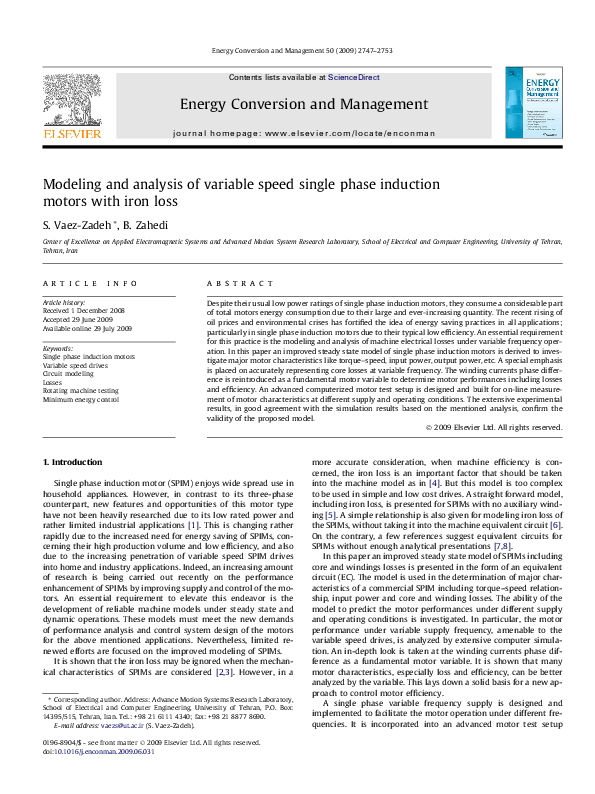 (PDF) Modeling and analysis of variable speed single phase induction motors with iron loss