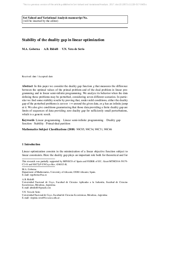 (PDF) Stability of the Duality Gap in Linear Optimization