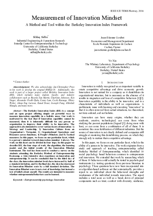 (PDF) Measurement of Innovation Mindset A Method and Tool within the ...