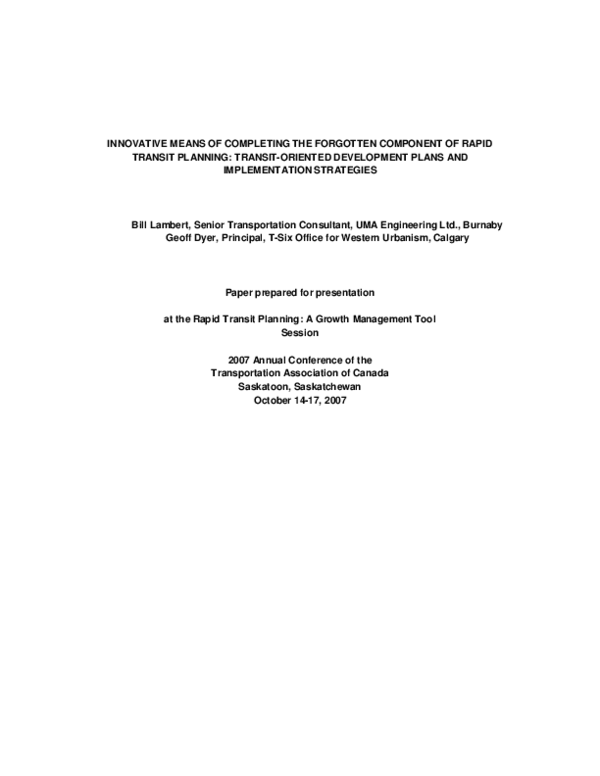 (PDF) Innovative Means of Completing the Forgotten Component of Rapid Transit Planning: Transit ...