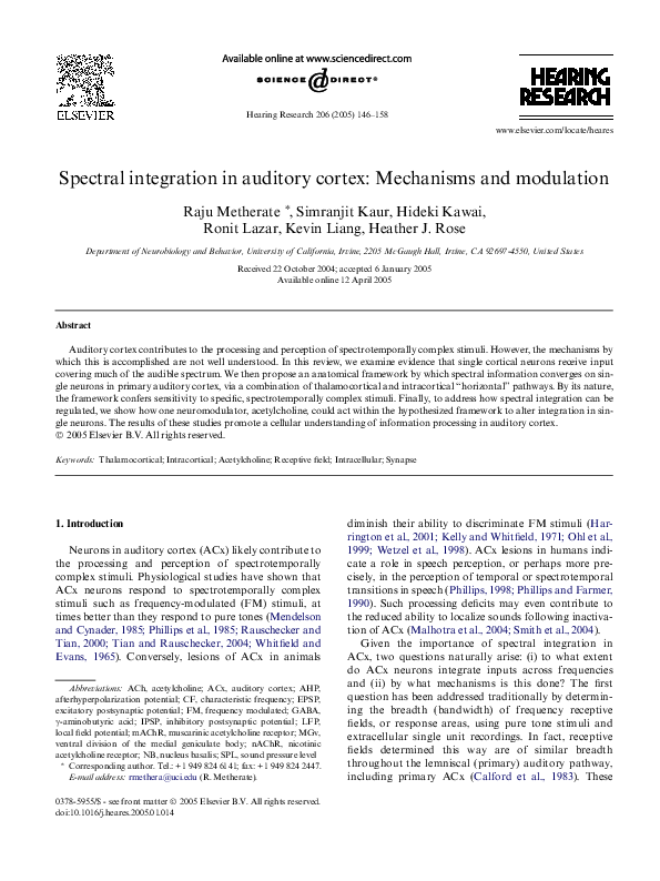 (PDF) Spectral integration in auditory cortex: Mechanisms and modulation