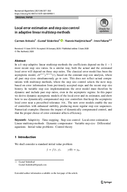 Pdf Local Error Estimation And Step Size Control In Adaptive Linear Multistep Methods Gustaf