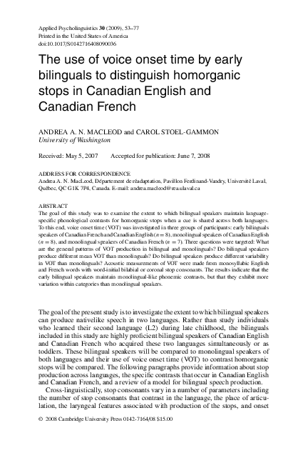 (PDF) The use of voice onset time by early bilinguals to distinguish ...