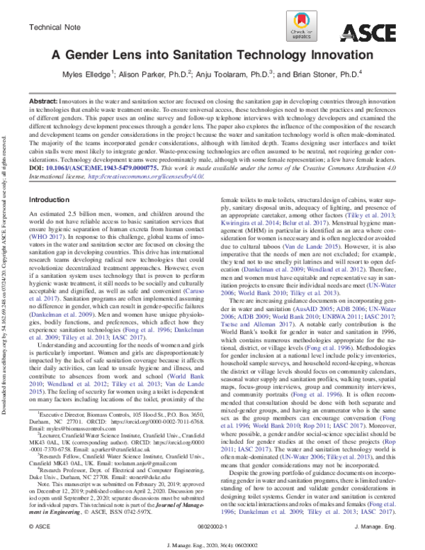 (PDF) A Gender Lens into Sanitation Technology Innovation