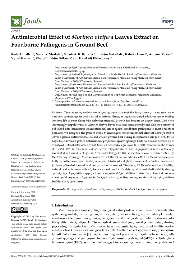 (PDF) Antimicrobial Effect of Moringa oleifera Leaves Extract on Foodborne Pathogens in Ground Beef
