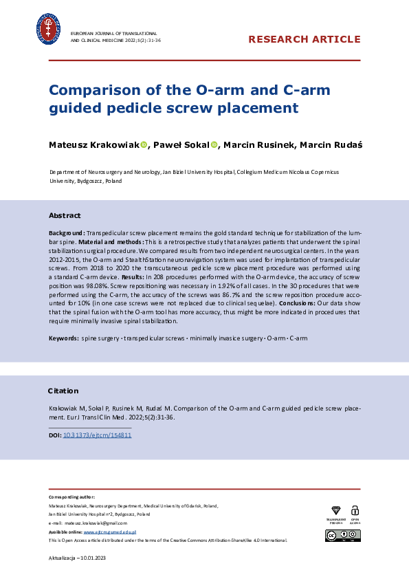 (PDF) Comparison of the O-arm and C-arm guided pedicle screws placement ...