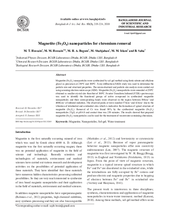 (PDF) Magnetite (Fe3O4) nanoparticles for chromium removal
