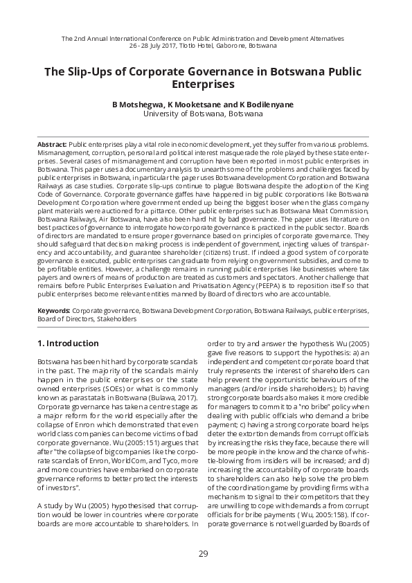 (PDF) The slip-ups of corporate governance in Botswana Public Enterprises