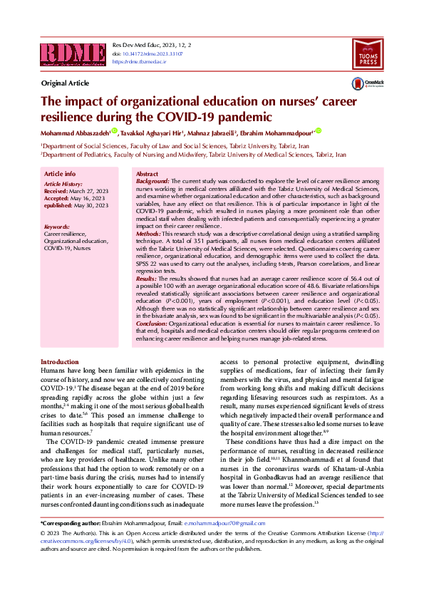 (PDF) The impact of organizational education on nurses’ career resilience during the COVID-19 ...