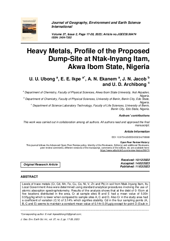 (PDF) Heavy Metals, Profile of the Proposed Dump-Site at Ntak-Inyang Itam, Akwa Ibom State, Nigeria