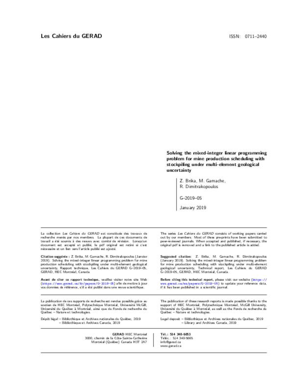 Pdf Solving The Mixed Integer Linear Programming Problem For Mine Production Scheduling With