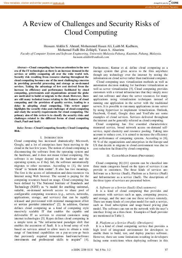 (PDF) A Review of Challenges and Security Risks of Cloud Computing