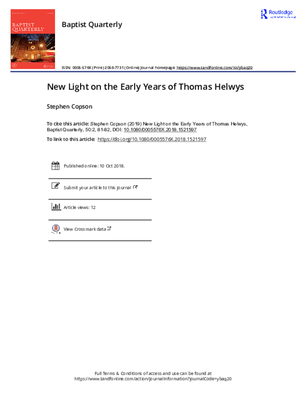 (PDF) New Light on the Early Years of Thomas Helwys