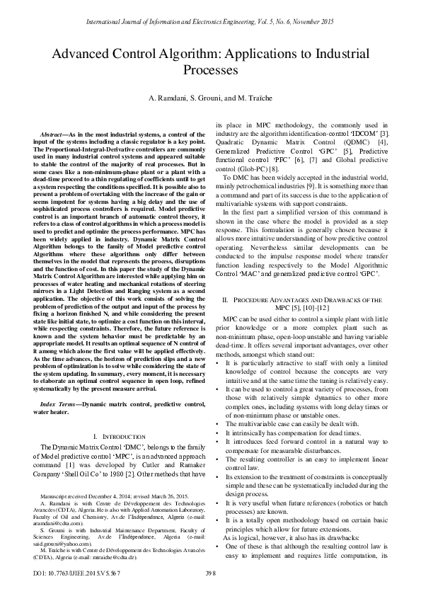 (PDF) Advanced Control Algorithm: Applications to Industrial Processes