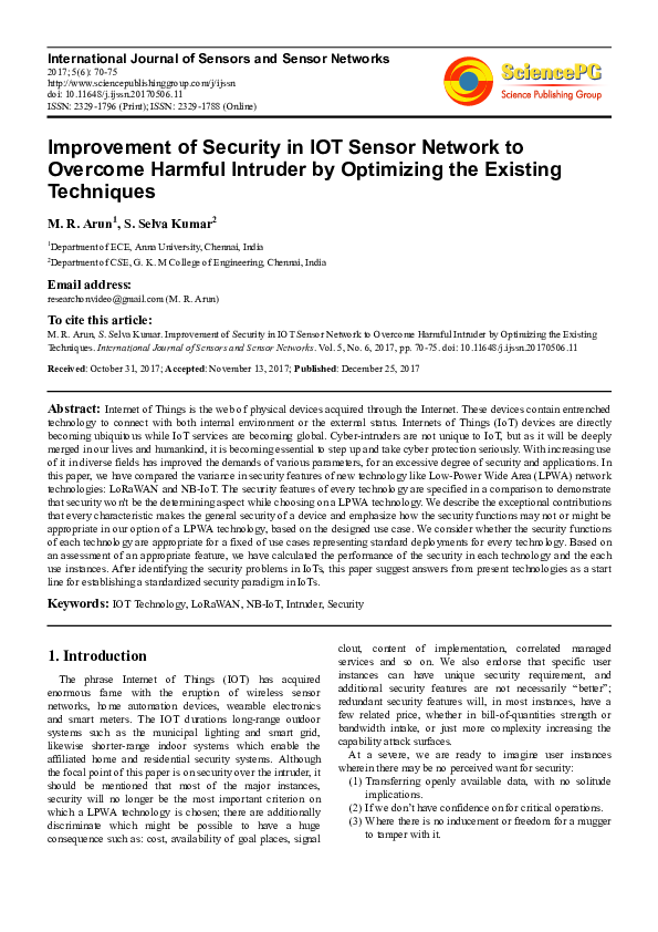 (PDF) Improvement of Security in IOT Sensor Network to Overcome Harmful Intruder by Optimizing ...