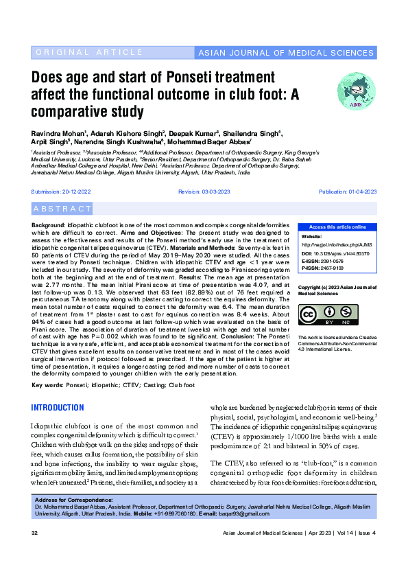 (PDF) Does age and start of Ponseti treatment affect the functional ...