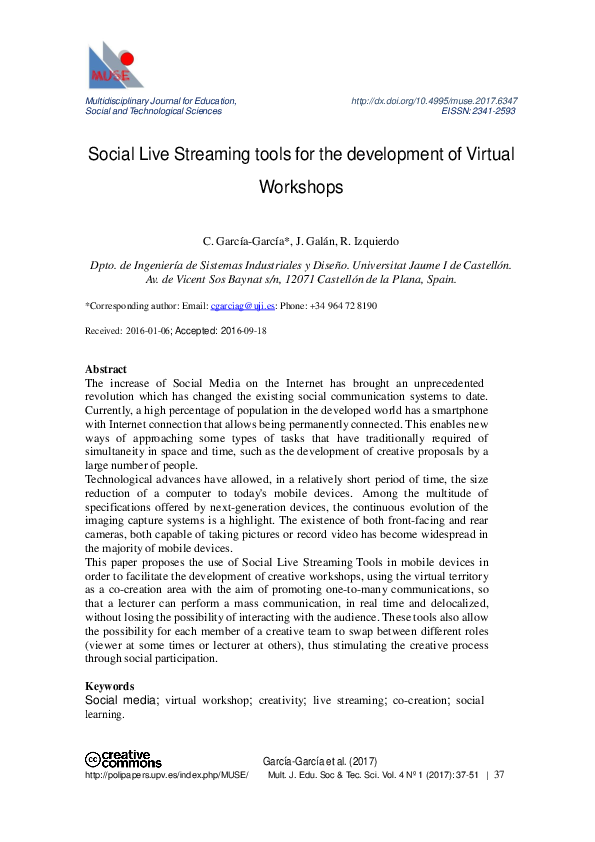 (PDF) Social Live Streaming tools for the development of Virtual Workshops