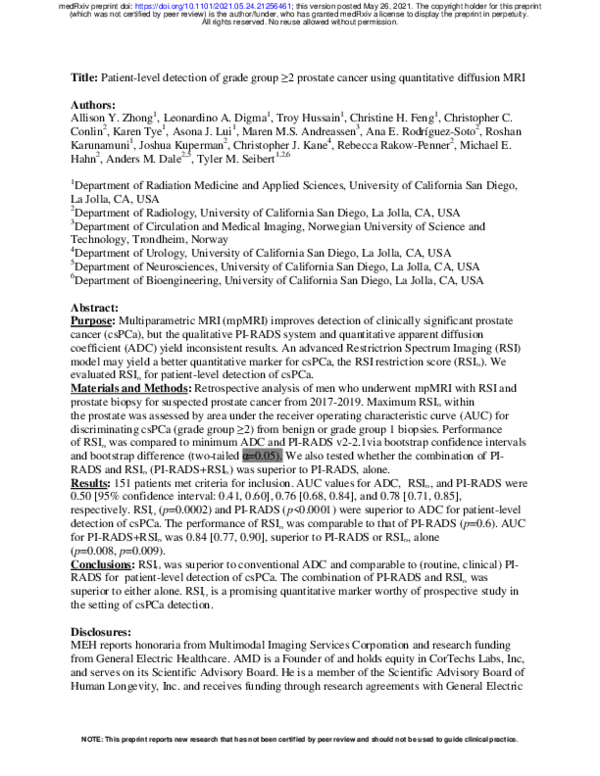 (PDF) Patient-level detection of grade group ≥2 prostate cancer using quantitative diffusion MRI