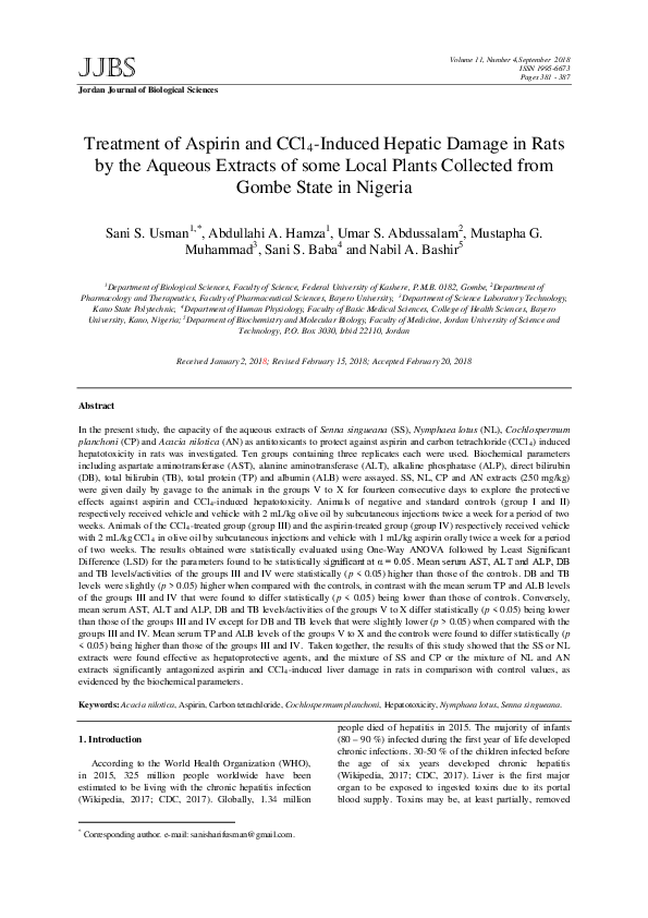 (PDF) Treatment of Aspirin and CCl 4 -Induced Hepatic Damage in Rats by ...