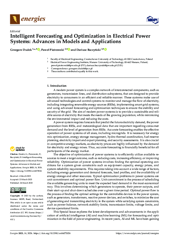 Pdf Intelligent Forecasting And Optimization In Electrical Power Systems Advances In Models