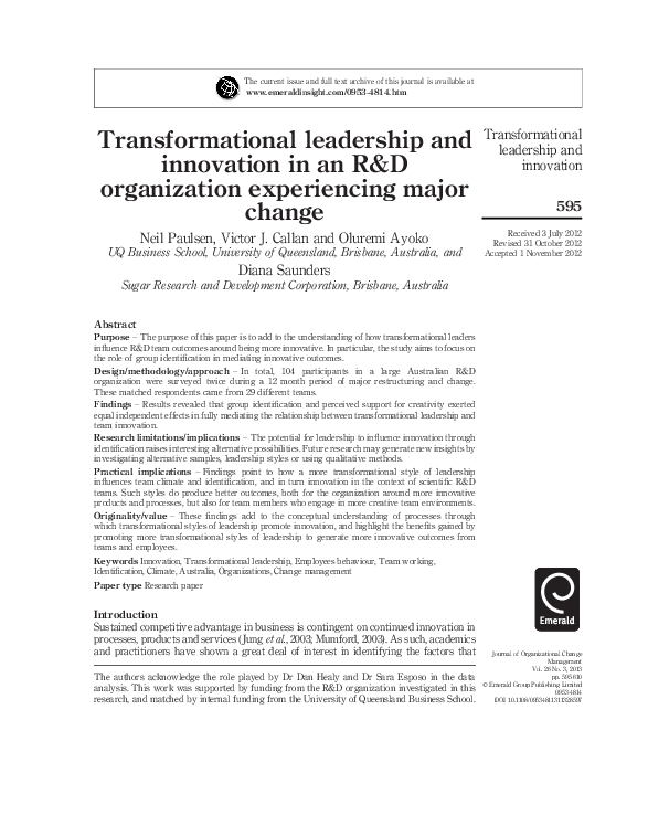 (PDF) Transformational leadership and innovation in an R&D organization experiencing major change