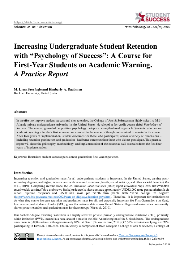(PDF) Increasing Undergraduate Student Retention with “Psychology of ...