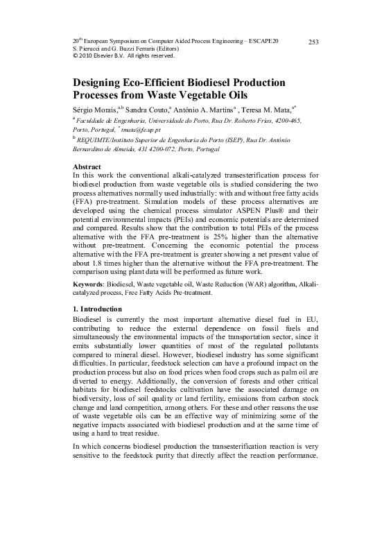 (PDF) Designing eco-efficient biodiesel production processes from waste ...