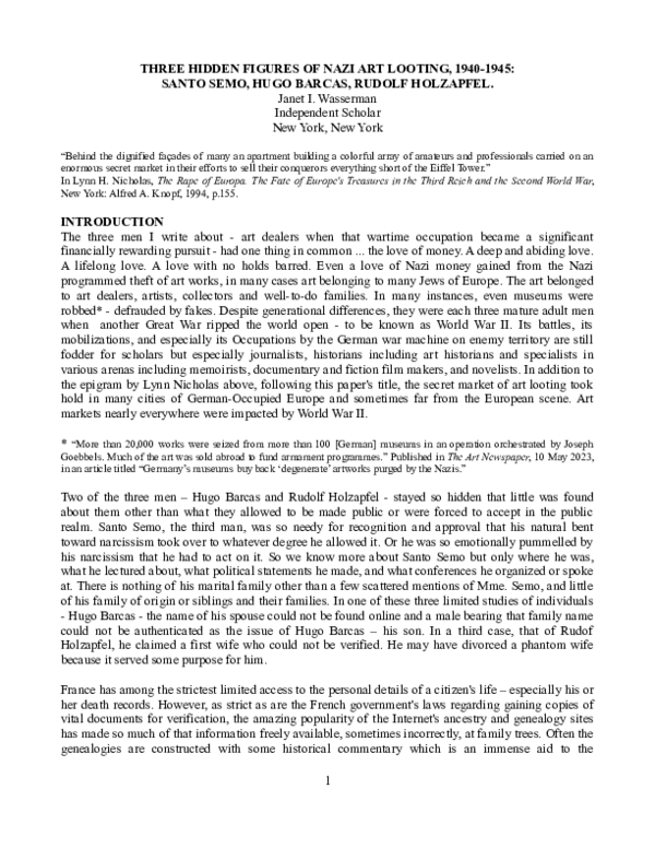 (PDF) THREE HIDDEN FIGURES OF NAZI ART LOOTING, 1940-1945: SANTO SEMO ...