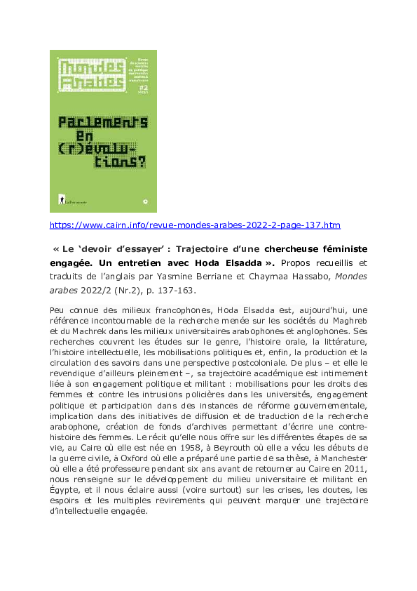 (PDF) Le « devoir d’essayer ». Trajectoire d’une chercheuse féministe ...