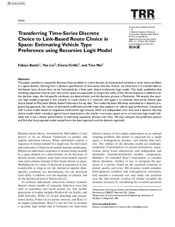 Pdf Transferring Time Series Discrete Choice To Link Based Route Choice In Space Estimating