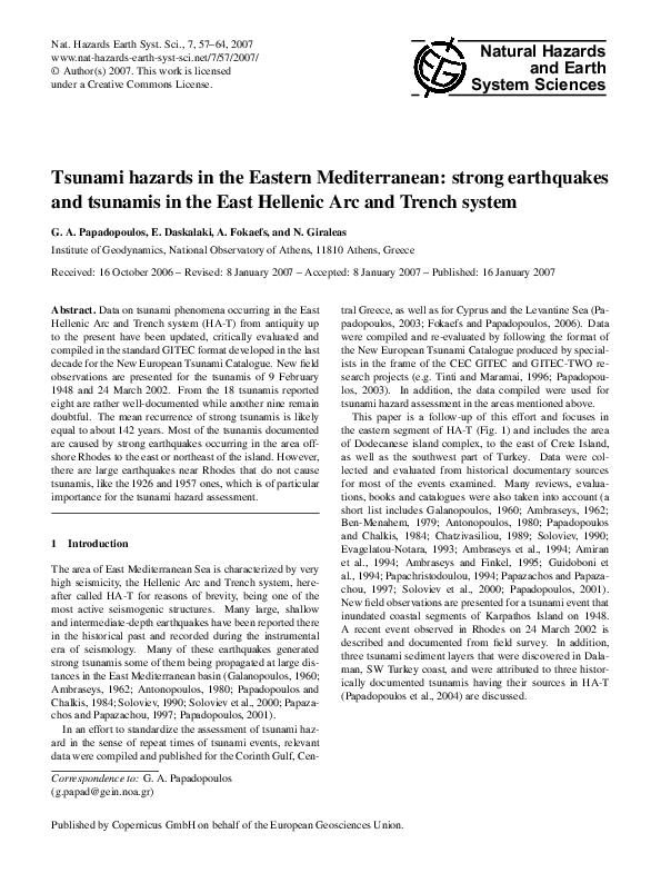 (PDF) Tsunami hazards in the Eastern Mediterranean: strong earthquakes ...