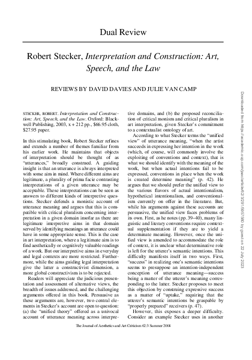 (PDF) Robert Stecker, Interpretation and Construction: Art, Speech, and ...
