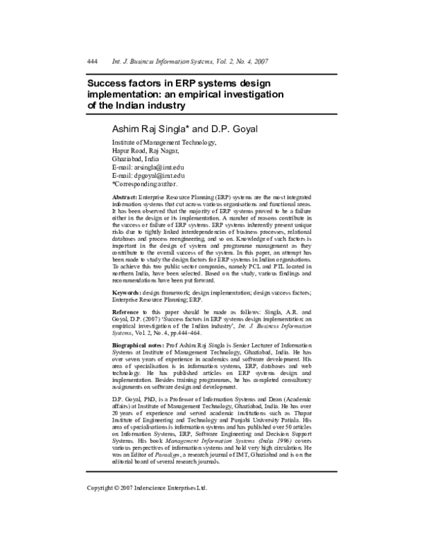 (PDF) Success factors in ERP systems design implementation: an empirical investigation of the ...