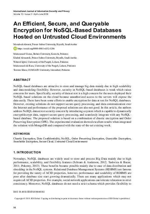 (PDF) An Efficient, Secure, and Queryable Encryption for NoSQL-Based Databases Hosted on ...