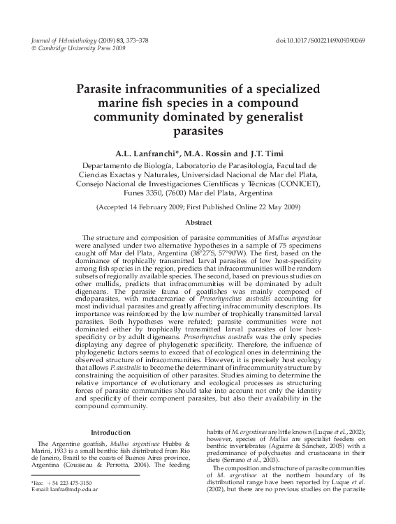 (PDF) Parasite infracommunities of a specialized marine fish species in ...