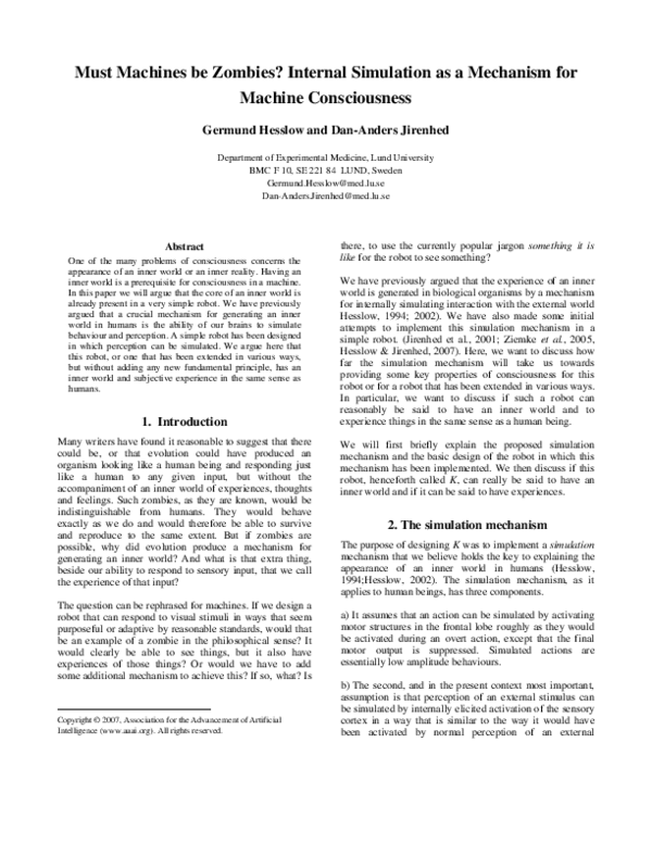 (PDF) Must Machines be Zombies? Internal Simulation as a Mechanism for ...