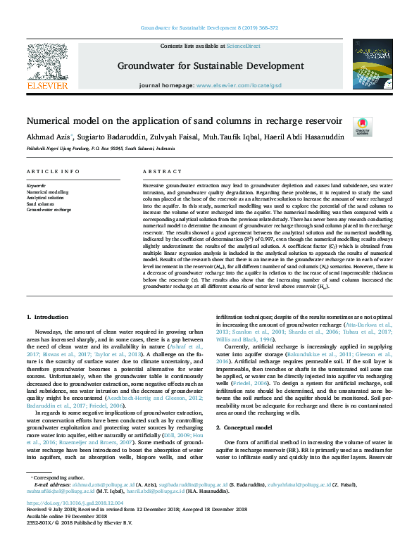 (PDF) Numerical Model on the Application of Sand Columns in Recharge ...
